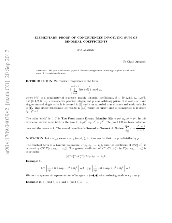 (PDF) Elementary proof of congruences involving sum of binomial ...