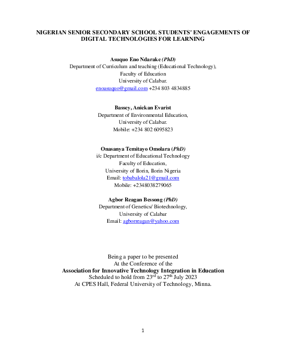 (PDF) NIGERIAN SENIOR SECONDARY SCHOOL STUDENTS' ENGAGEMENTS OF DIGITAL TECHNOLOGIES FOR LEARNING
