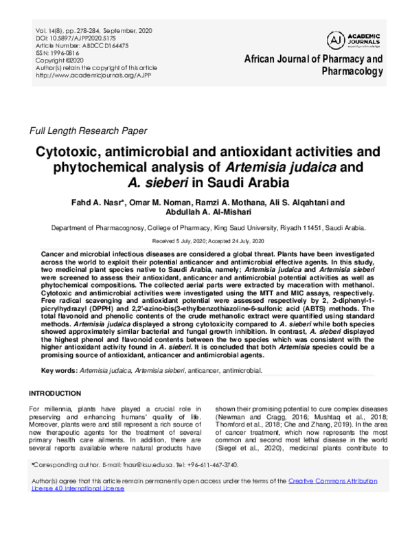 (PDF) Cytotoxic, antimicrobial and antioxidant activities and phytochemical analysis of ...