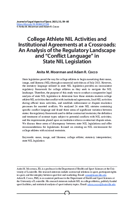(PDF) College Athlete NIL Activities and Institutional Agreements at a ...