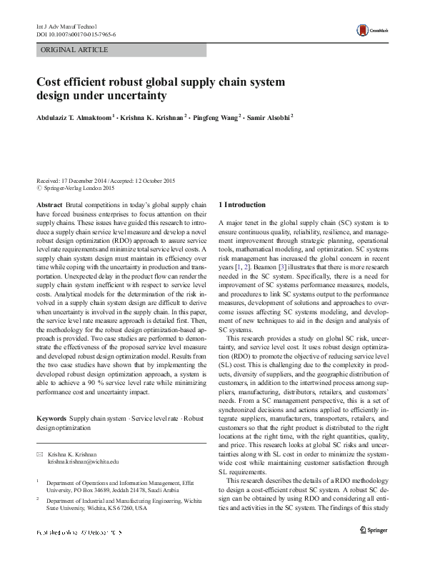 (PDF) Cost efficient robust global supply chain system design under ...