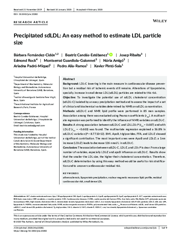 (PDF) Precipitated sdLDL: An easy method to estimate LDL particle size