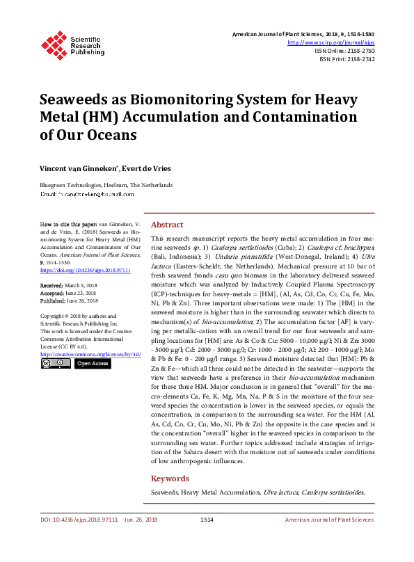 (PDF) Seaweeds as Biomonitoring System for Heavy Metal (HM ...