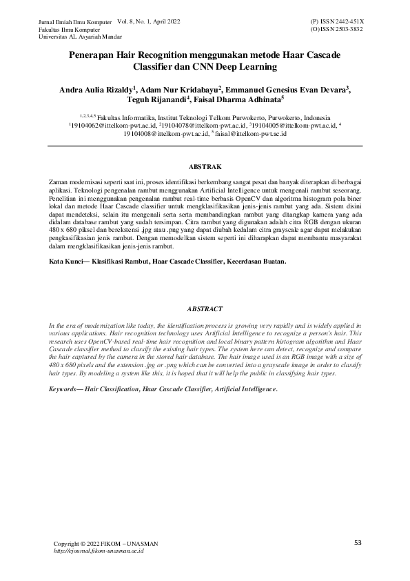 (PDF) Penerapan Hair Recognition Menggunakan Metode Haar Cascade ...