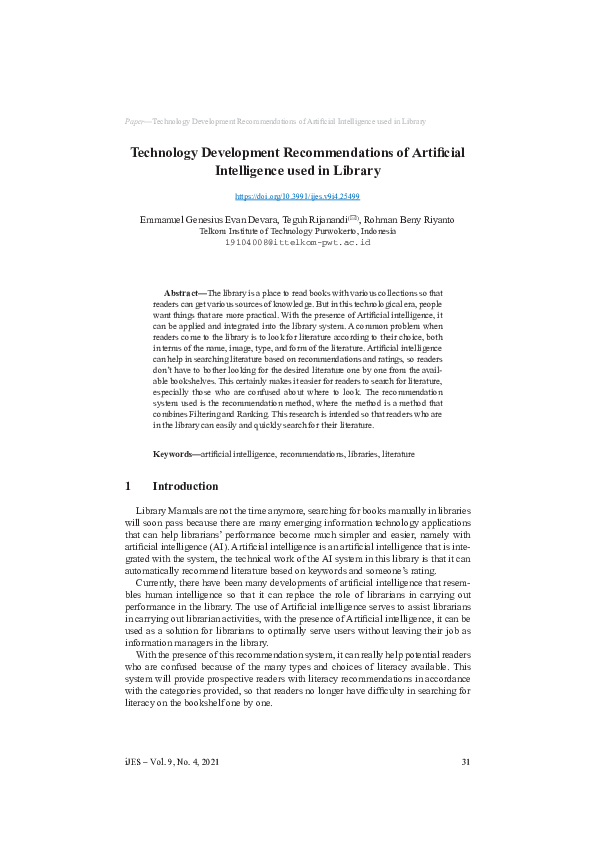 (PDF) Technology Development Recommendations of Artificial Intelligence used in Library