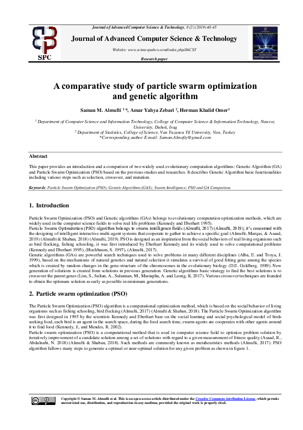 (PDF) A comparative study of particle swarm optimization and genetic algorithm