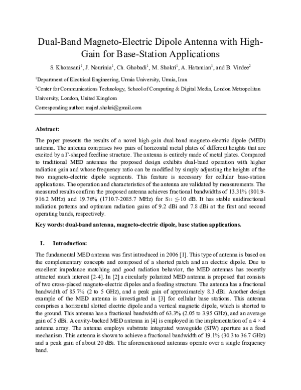 (PDF) Dual-band magneto-electric dipole antenna with high-gain for base ...