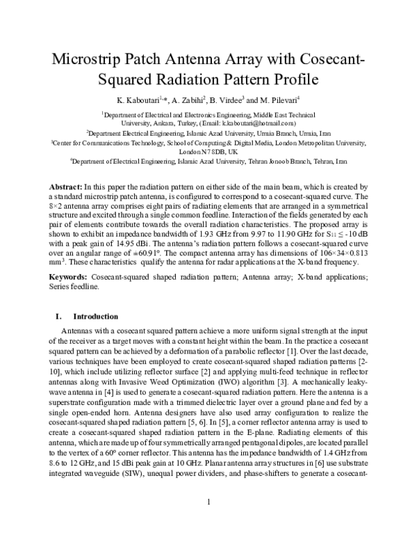 (PDF) Microstrip patch antenna array with cosecant-squared radiation pattern profile | Bal ...