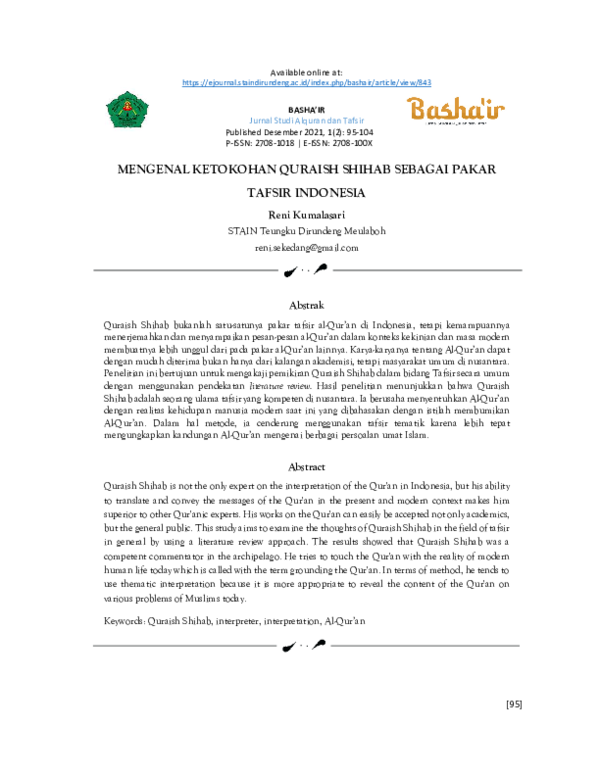 (PDF) Mengenal Ketokohan Quraish Shihab Sebagai Pakar Tafsir Indonesia