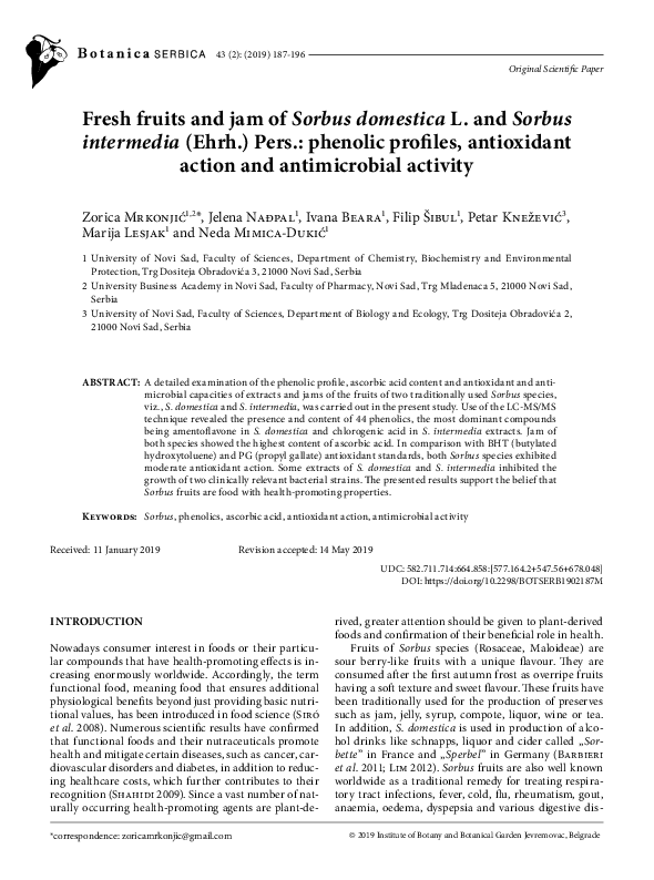 (PDF) Phenolic profiling and bioactivities of fresh fruits and jam of Sorbus species