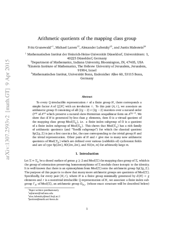 Pdf Arithmetic Quotients Of The Mapping Class Group Alexander Lubotzky
