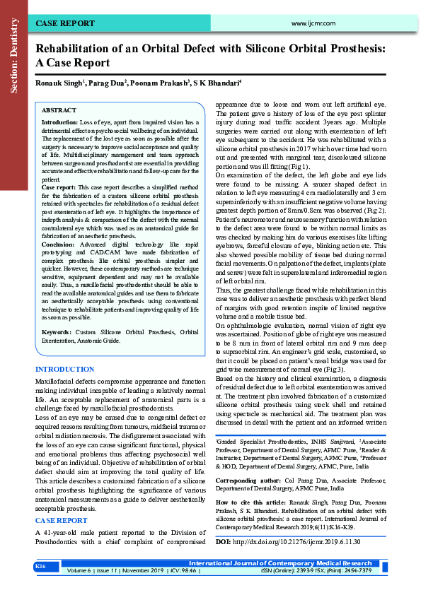 (PDF) Rehabilitation of an Orbital Defect with Silicone Orbital Prosthesis: A Case Report