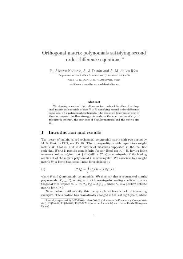 (PDF) Orthogonal matrix polynomials satisfying second order difference ...