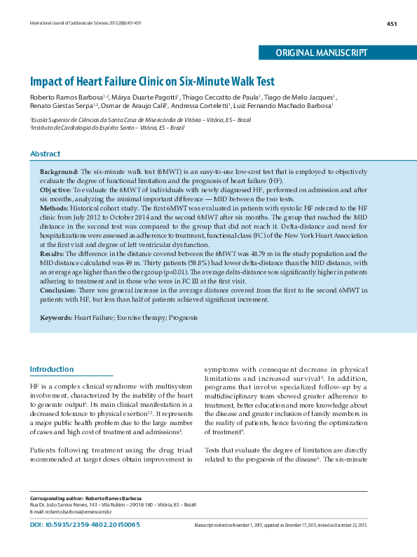 (PDF) Impact of Heart Failure Clinic on Six-Minute Walk Test