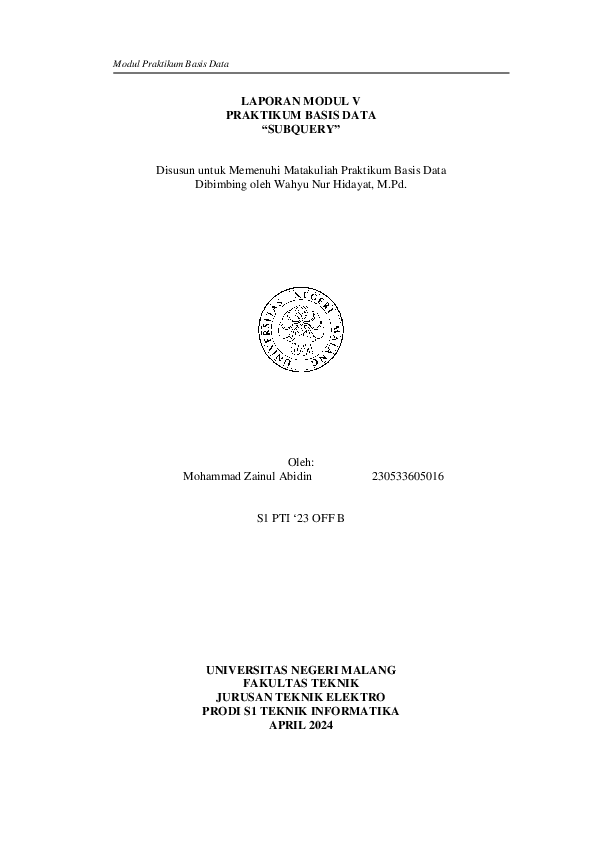 (PDF) LAPORAN MODUL 5 BASIS DATA - SUBQUERY