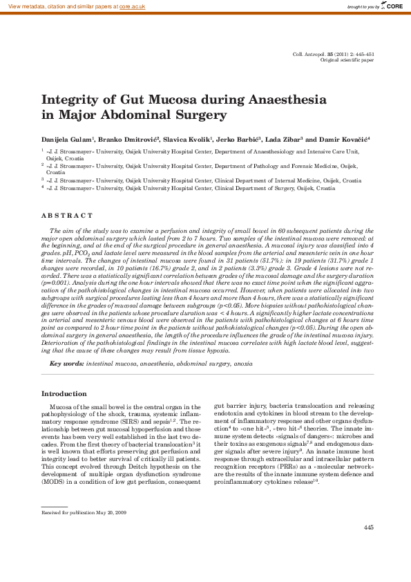 (PDF) Integrity of gut mucosa during anaesthesia in major abdominal ...