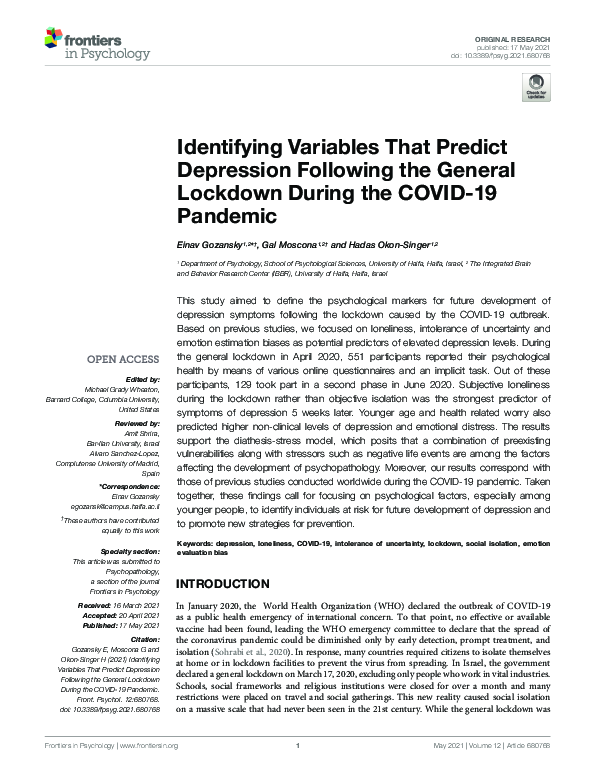 (PDF) Identifying Variables That Predict Depression Following the ...