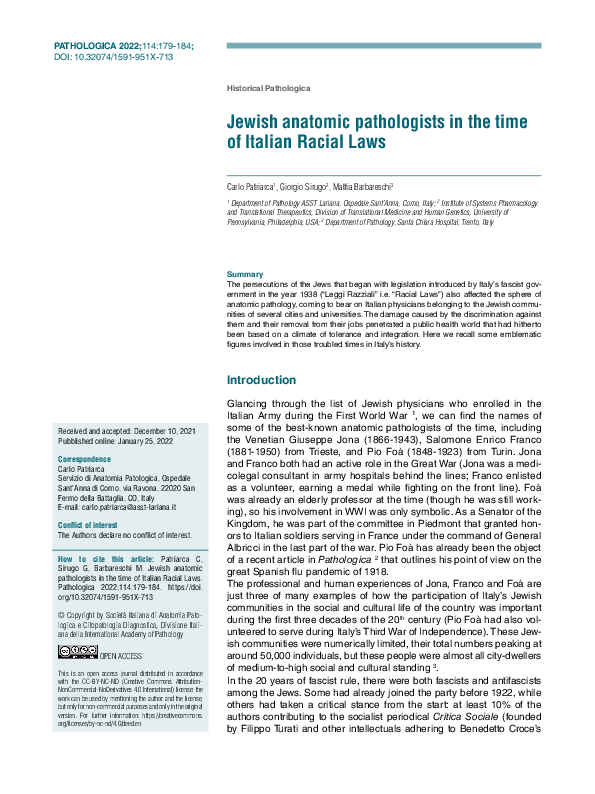 (PDF) Jewish anatomic pathologists in the time of Italian Racial Laws