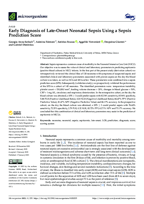 (PDF) Early Diagnosis of Late-Onset Neonatal Sepsis Using a Sepsis Prediction Score