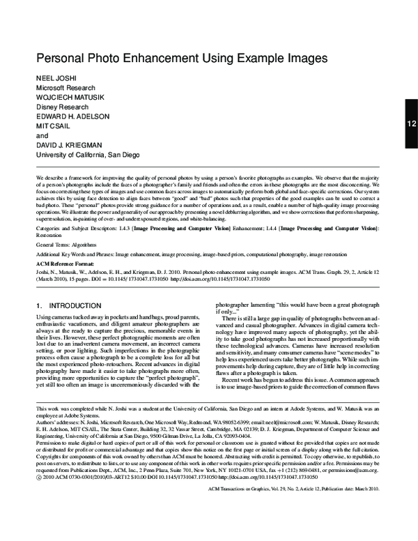 (PDF) Personal photo enhancement using example images