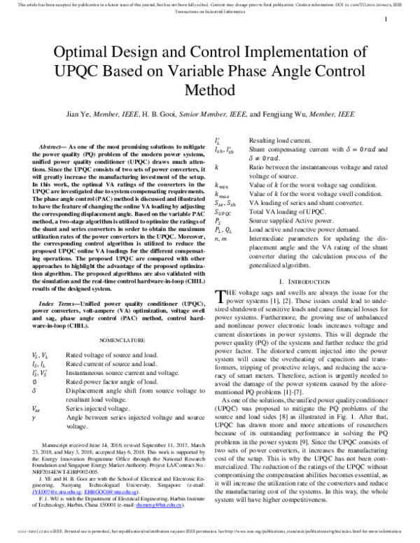 Pdf Optimal Design And Control Implementation Of Upqc Based On Variable Phase Angle Control 3172