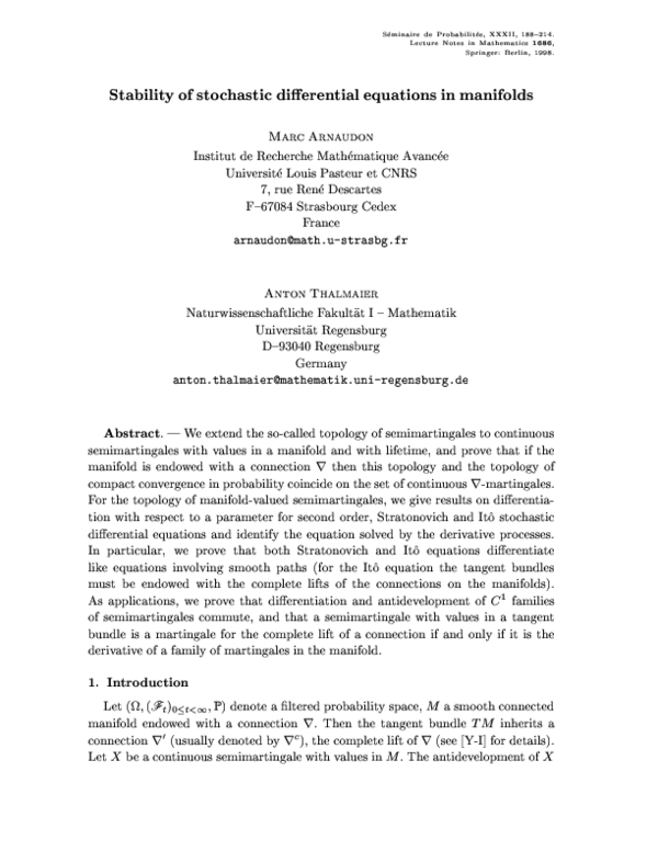(PDF) Stability of stochastic differential equations in manifolds