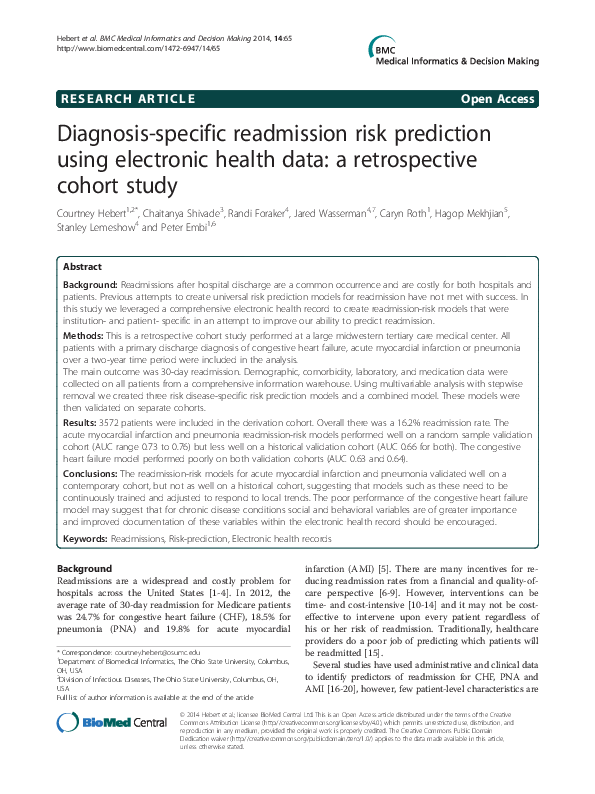 (PDF) Diagnosis-specific readmission risk prediction using electronic ...