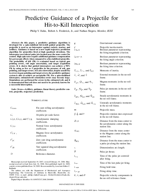 (PDF) Predictive Guidance of a Projectile for Hit-to-Kill Interception