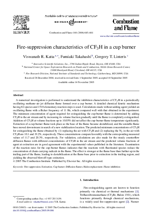 (PDF) Fire-suppression characteristics of CF3H in a cup burner