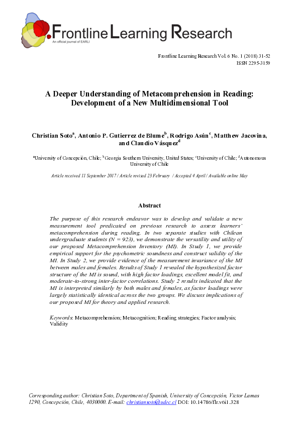 (PDF) A Deeper Understanding of Metacomprehension: Development of a New Multidimensional Tool