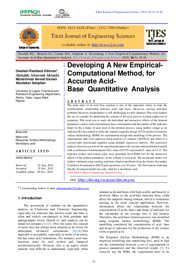 (PDF) Developing A New Empirical-Computational Method, for Accurate Acid- Base Quantitative Analysis