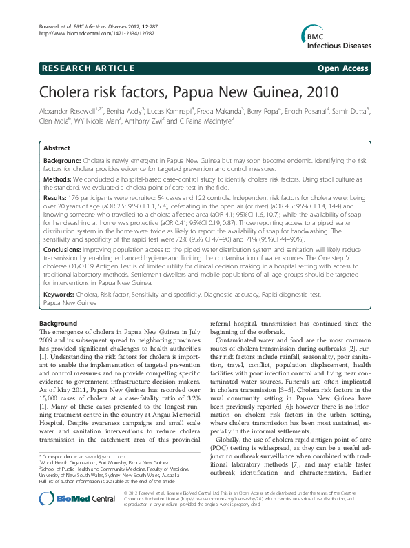 (PDF) Cholera risk factors, Papua New Guinea, 2010