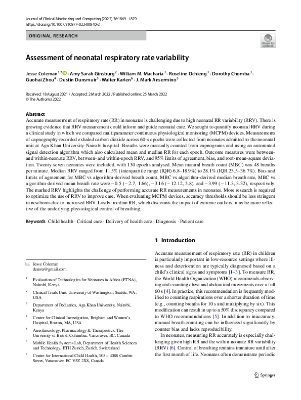 (PDF) Assessment of neonatal respiratory rate variability | Roseline ...