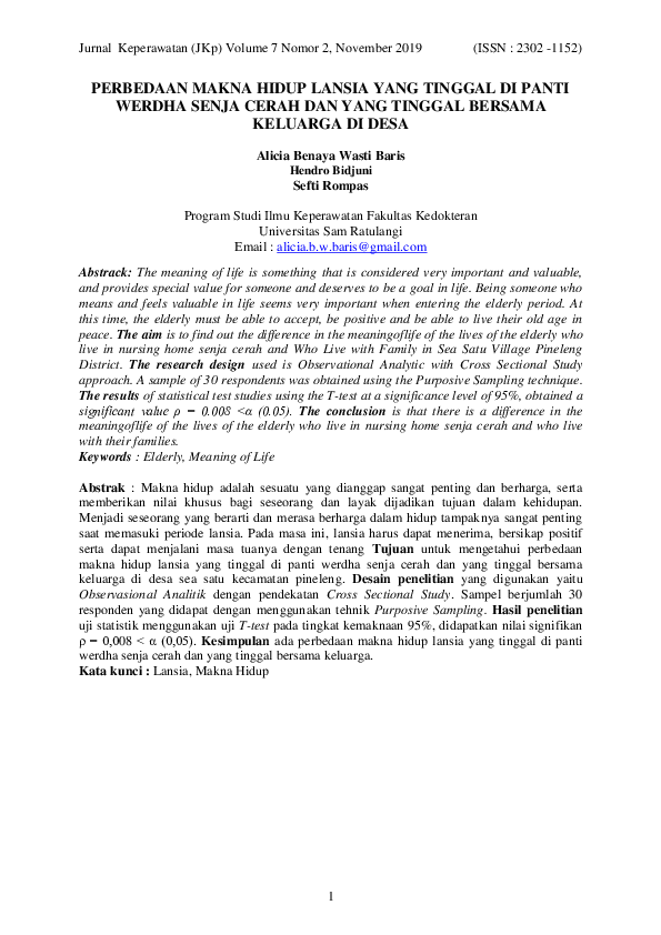 (PDF) Perbedaan Makna Hidup Lansia Yang Tinggal DI Panti Werdha Senja Cerah Dan Yang Tinggal ...