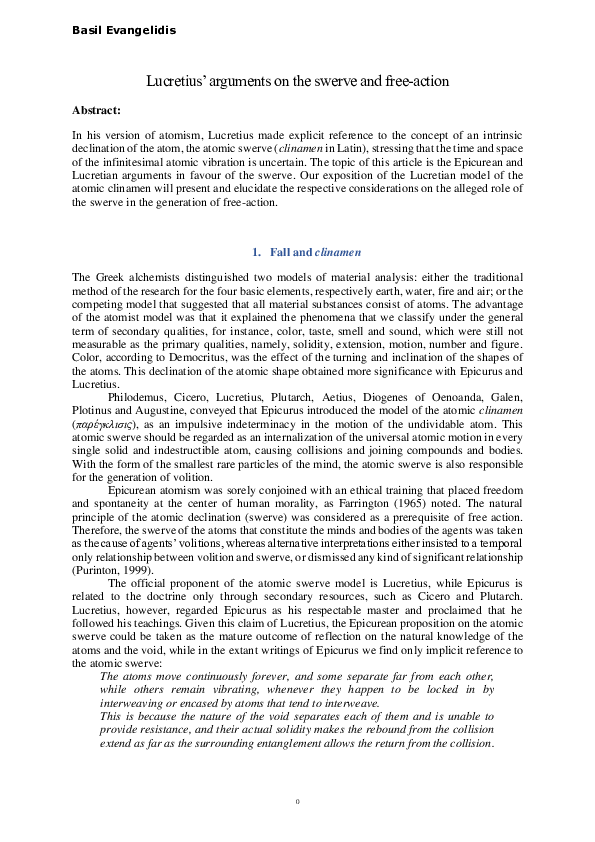 (PDF) Lucretius’ arguments on the swerve and free-action