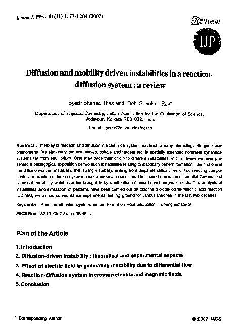 (PDF) Diffusion and mobility driven instabilities in a reaction-diffusion system: a review