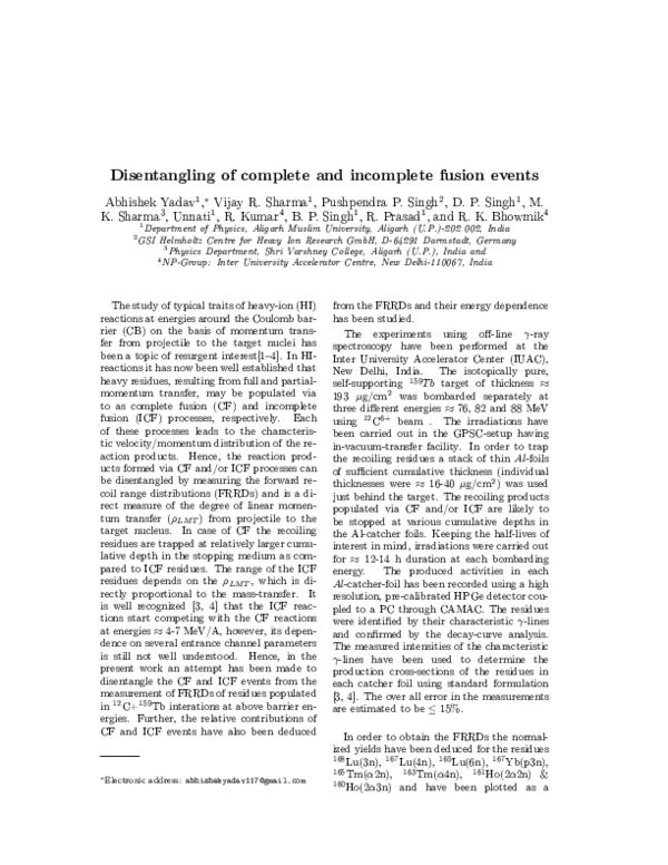 (PDF) Disentangling of complete and incomplete fusion events