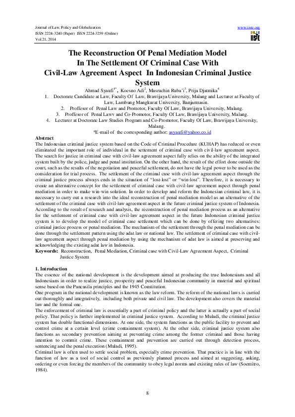 (PDF) The Reconstruction Of Penal Mediation Model In The Settlement Of Criminal Case With Civil ...