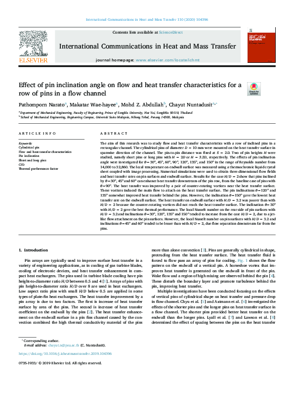 (PDF) Effect of pin inclination angle on flow and heat transfer ...