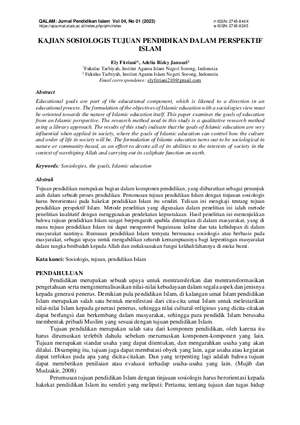(PDF) Kajian Sosiologis Tujuan Pendidikan Dalam Perspektif Islam