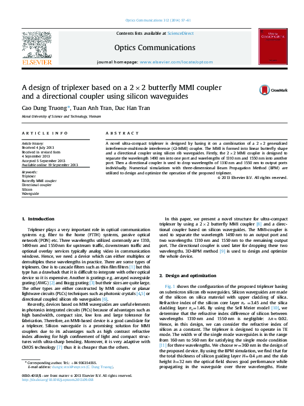 (PDF) A design of triplexer based on a 2×2 butterfly MMI coupler and a directional coupler using ...
