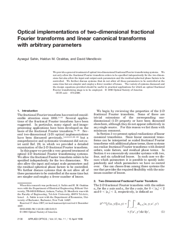 Pdf Optical Implementations Of Two Dimensional Fractional Fourier