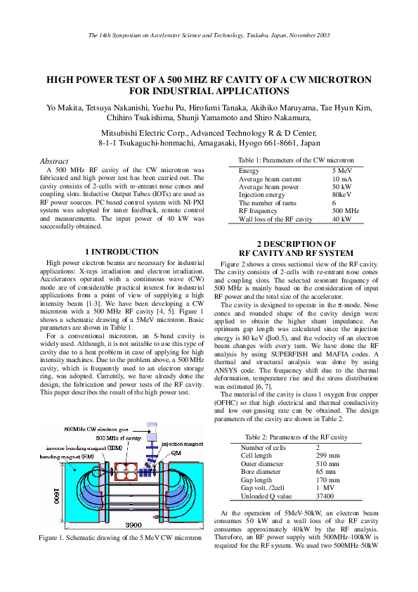 (PDF) Design and Power Tests of 500 MHz RF Cavity of CW Microtron for ...