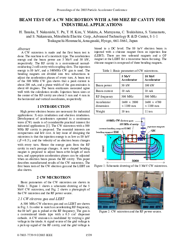 (PDF) CW microtron with a 500 MHz RF cavity for industrial applications