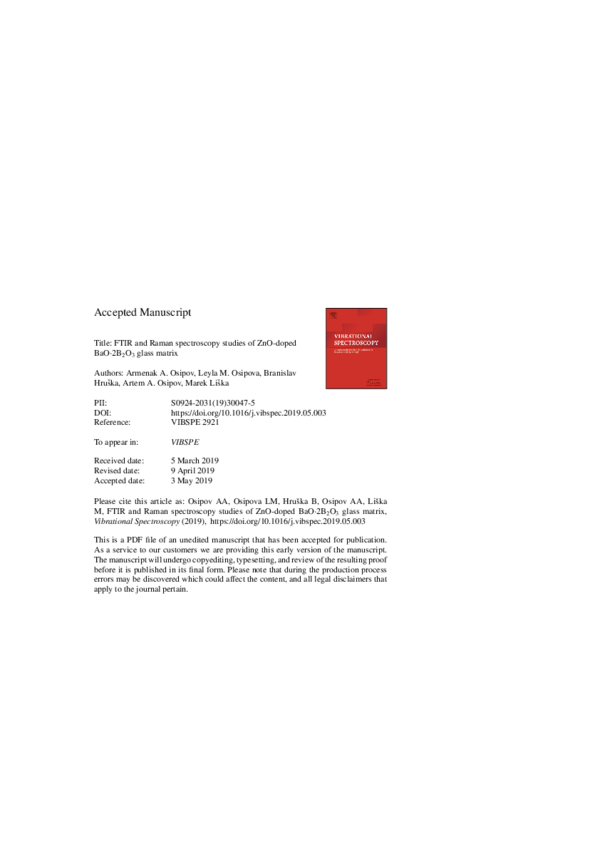 (PDF) FTIR and Raman spectroscopy studies of ZnO-doped BaO⋅2B2O3 glass ...