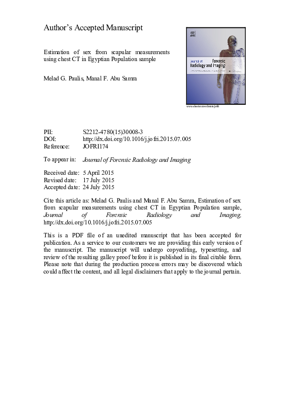 Pdf Estimation Of Sex From Scapular Measurements Using Chest Ct In