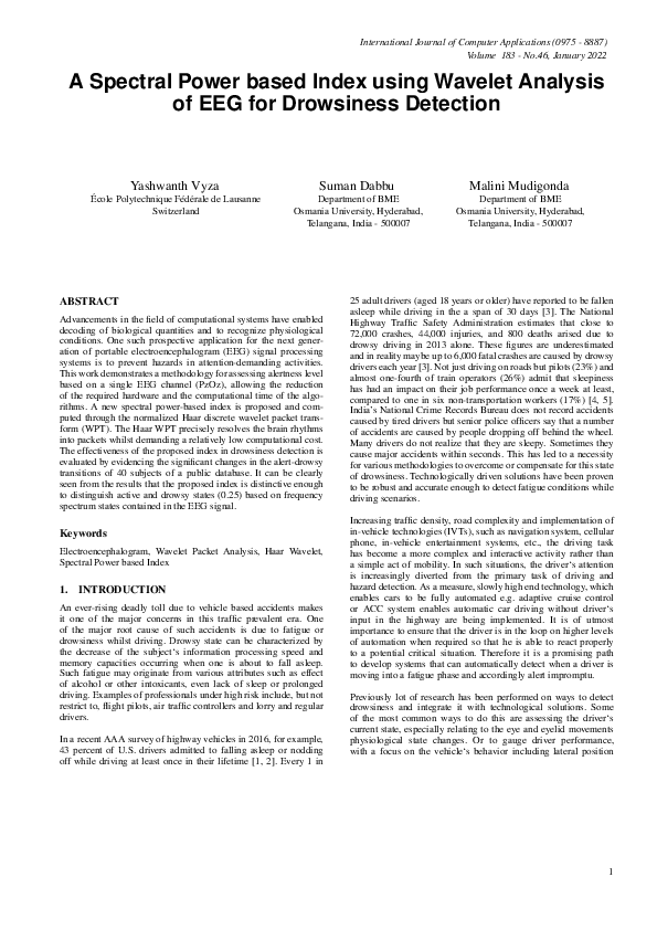 Pdf A Spectral Power Based Index Using Wavelet Analysis Of Eeg For Drowsiness Detection