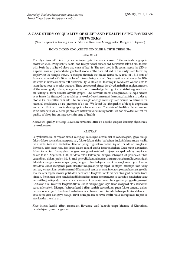 (PDF) A CASE STUDY ON QUALITY OF SLEEP AND HEALTH USING BAYESIAN NETWORKS (Suatu Kajian Kes ...