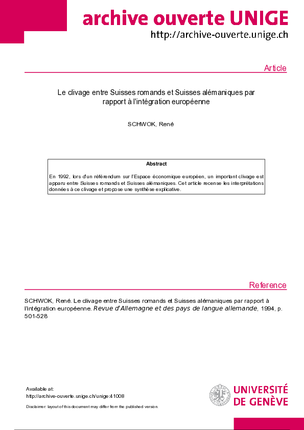 (PDF) Le clivage entre Suisses romands et Suisses alémaniques par ...