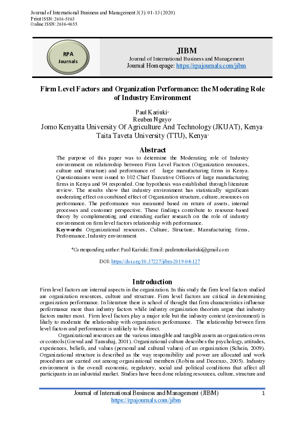 (PDF) Firm Level Factors and Organization Performance: the Moderating ...
